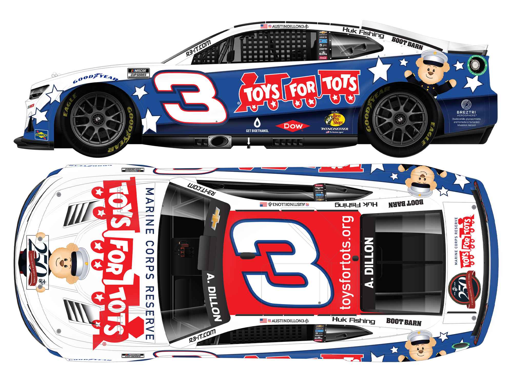 Austin Dillon 2025 Toys for Tots 1:24 Color Chrome Nascar Diecast
